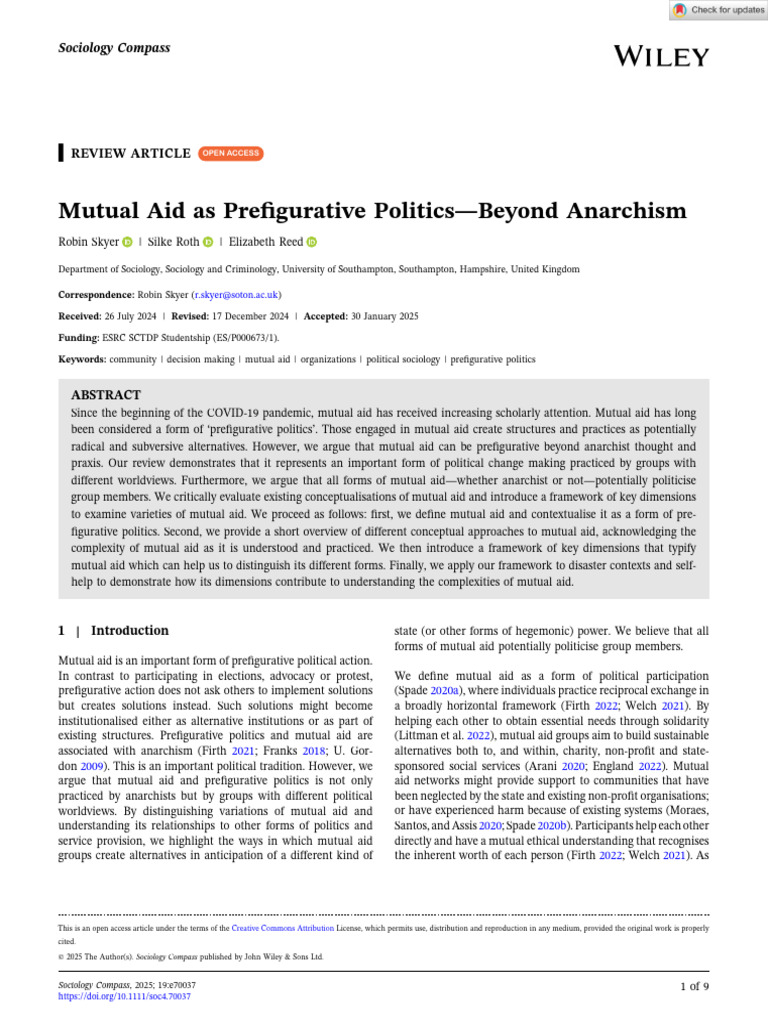 Sociology Compass - 2025 - Skyer - Mutual Aid as Prefigurative Politics ...
