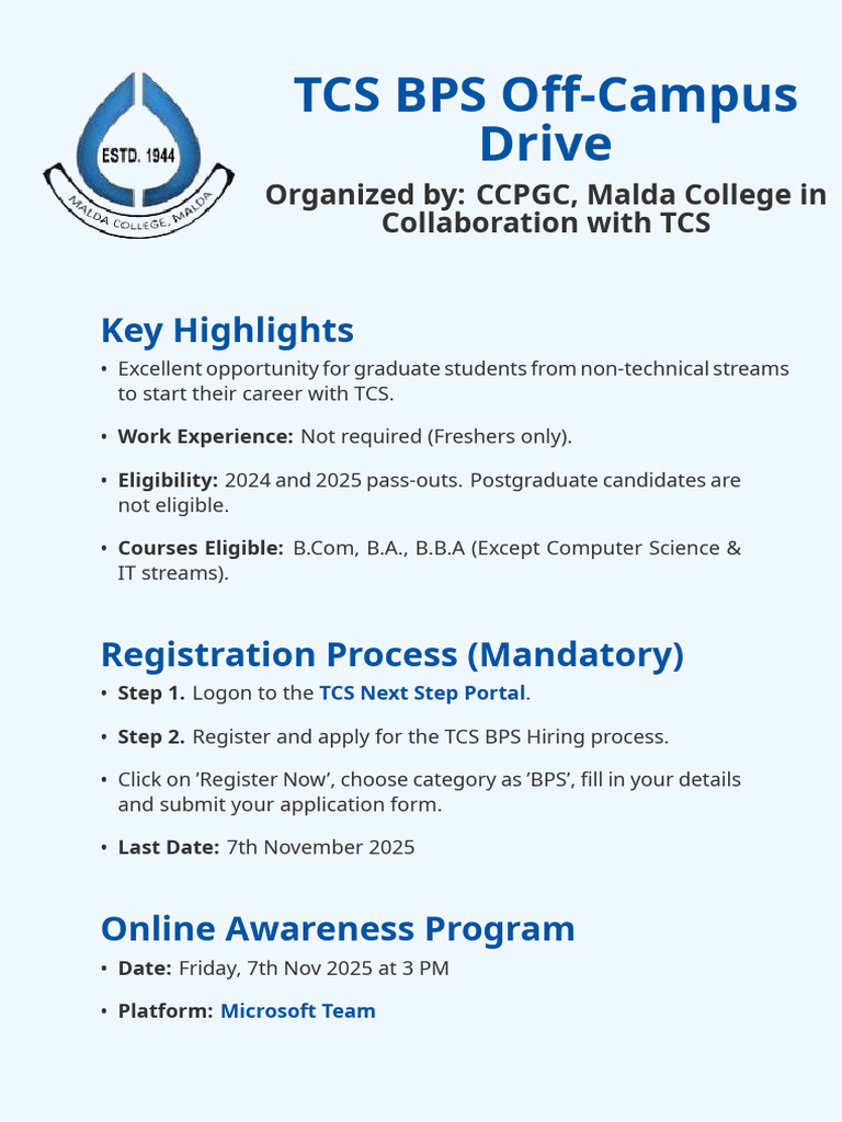 TCS BPS Off-Campus Drive 2025 | PDF