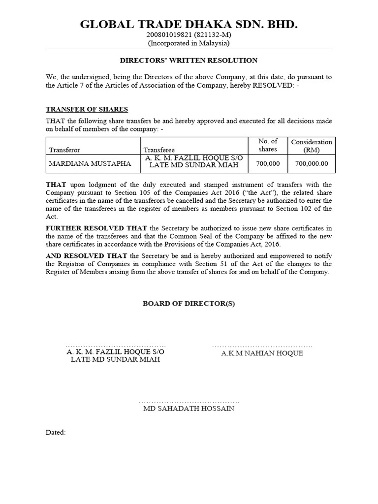 Share Transfer Resolution for Global Trade | PDF