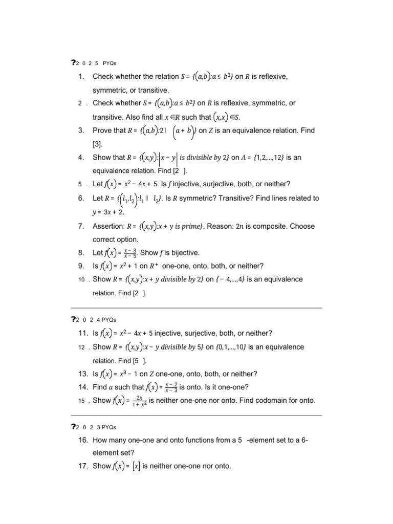 2025 PYQs on Relations and Functions | PDF | Function (Mathematics ...