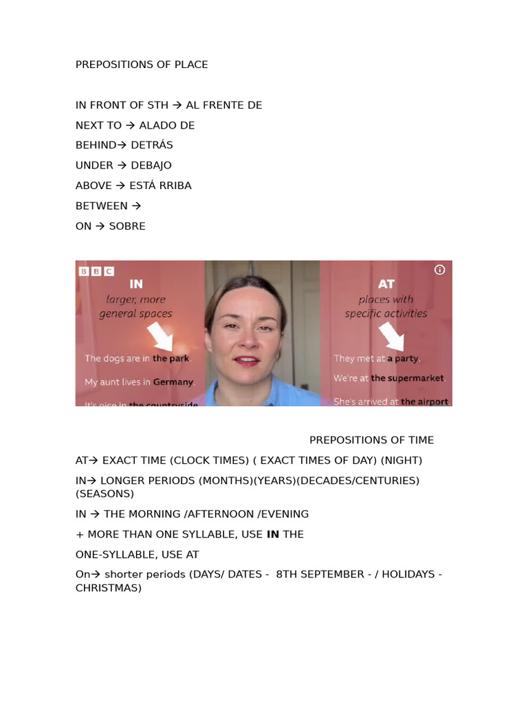 Prepositions of Place and Time Guide | PDF