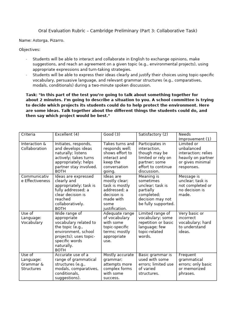 Oral Evaluation Rubric Cambridge Preliminary Part3 Pizarro - Astorga ...