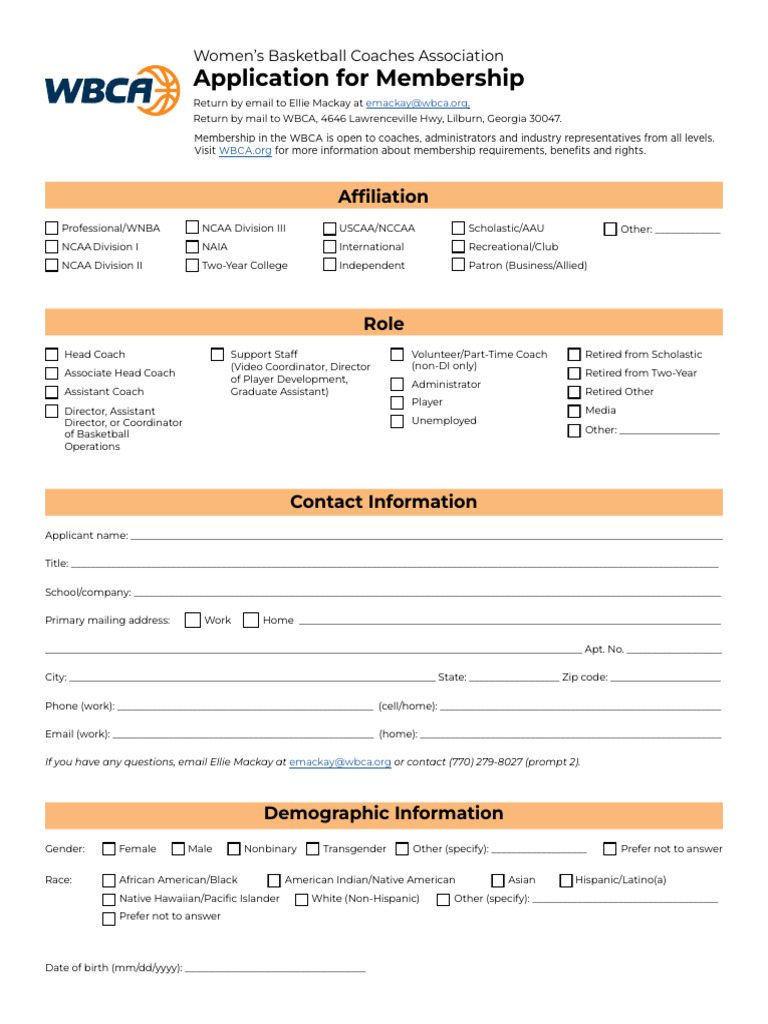 WBCA Membership Application Form | PDF | Race And Ethnicity In The ...