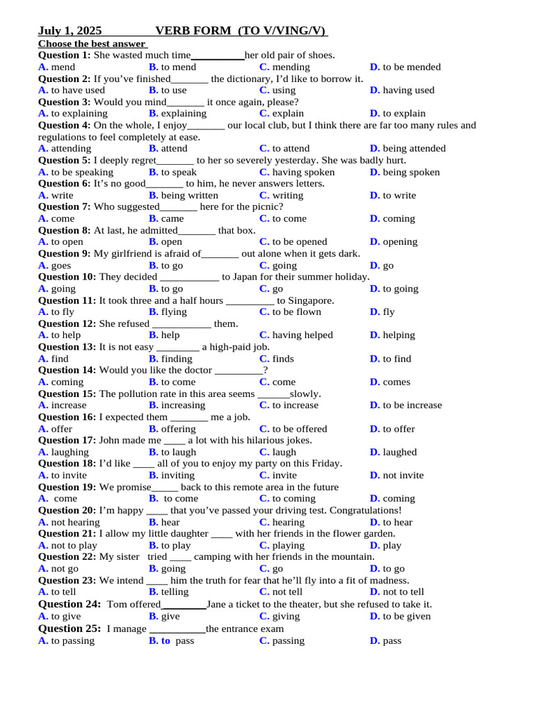 Verb Form Practice Questions | PDF