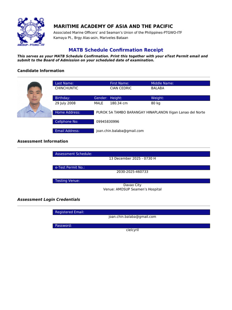 Assessment Schedule Confirmation Receipt | PDF