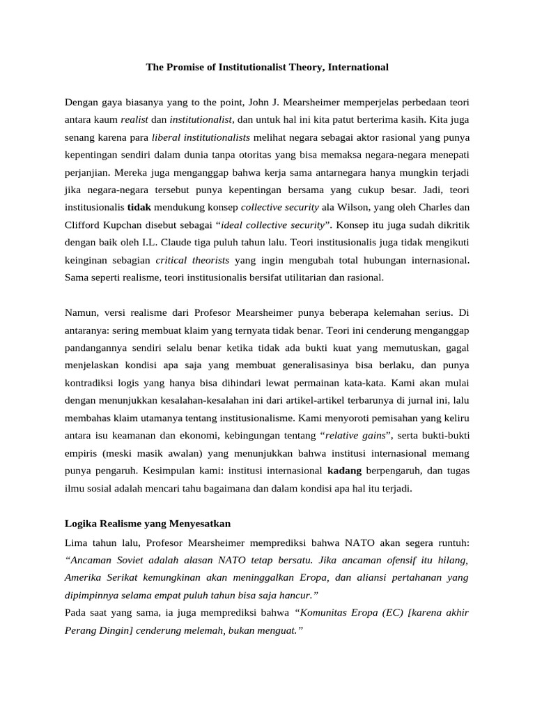 Kelemahan Teori Realisme Mearsheimer | PDF