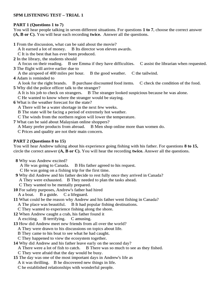 SPM Listening Test: Trial 1 Questions | PDF