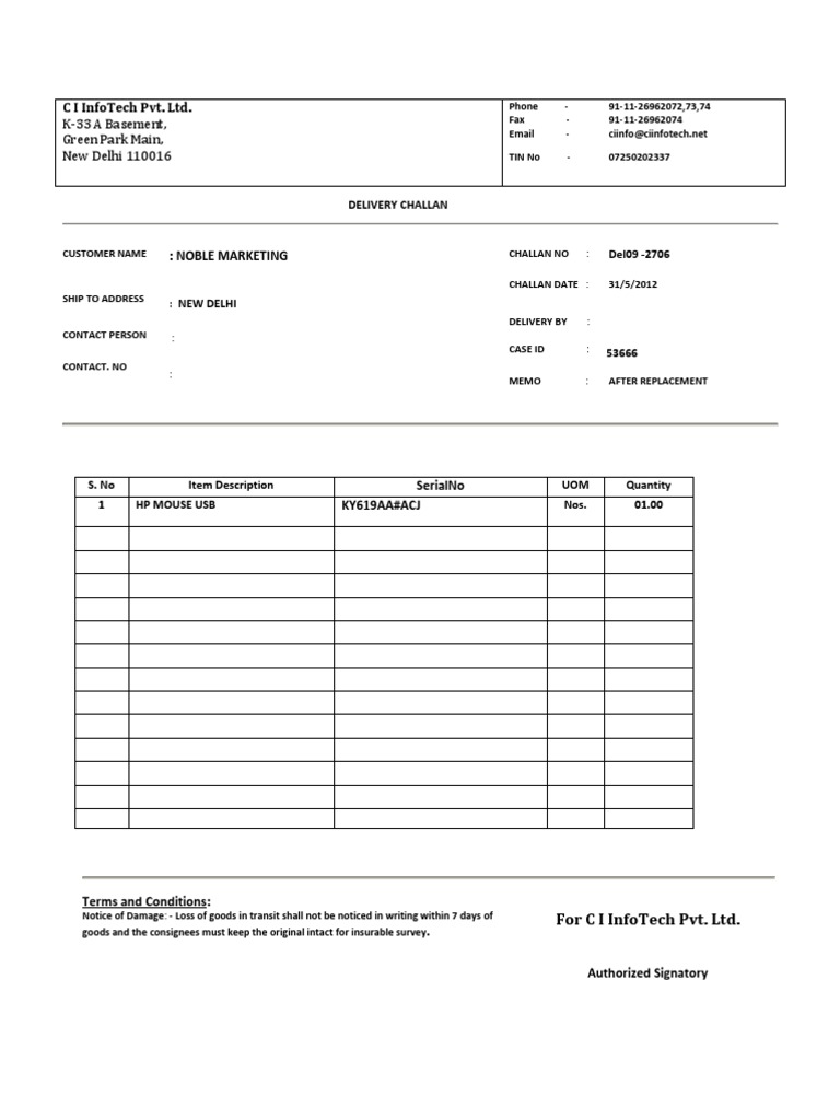 Delivery Challan Copy | Manufactured Goods | Telecommunications
