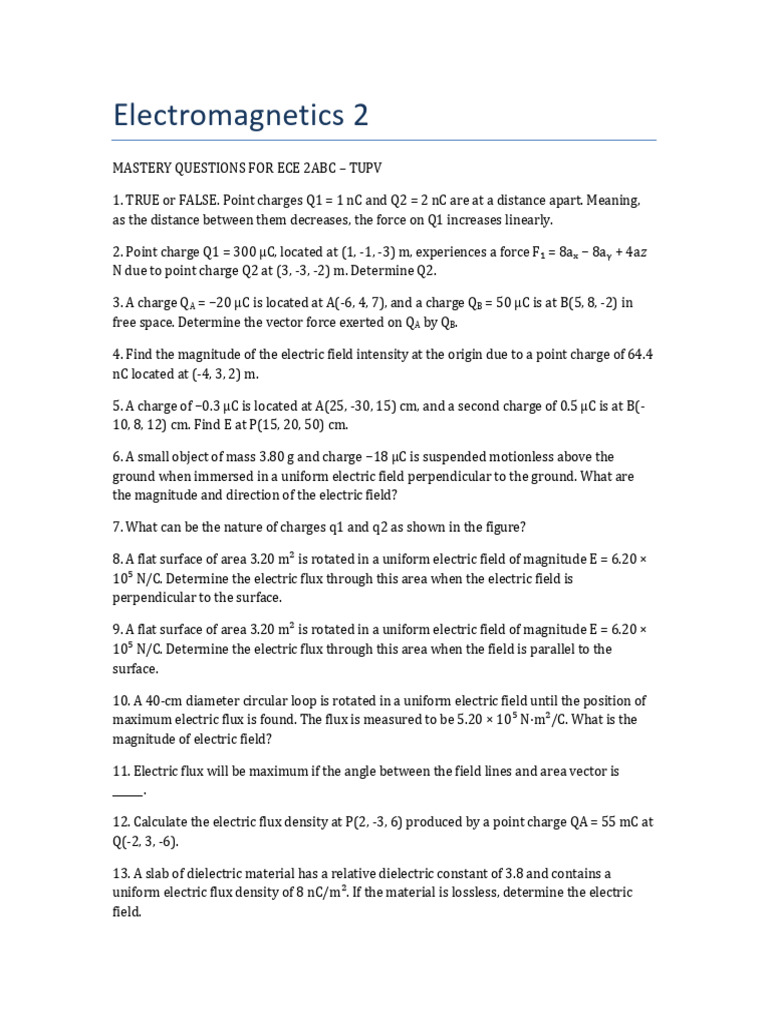 Mastery Questions on Electromagnetics | PDF | Magnetic Field | Maxwell ...
