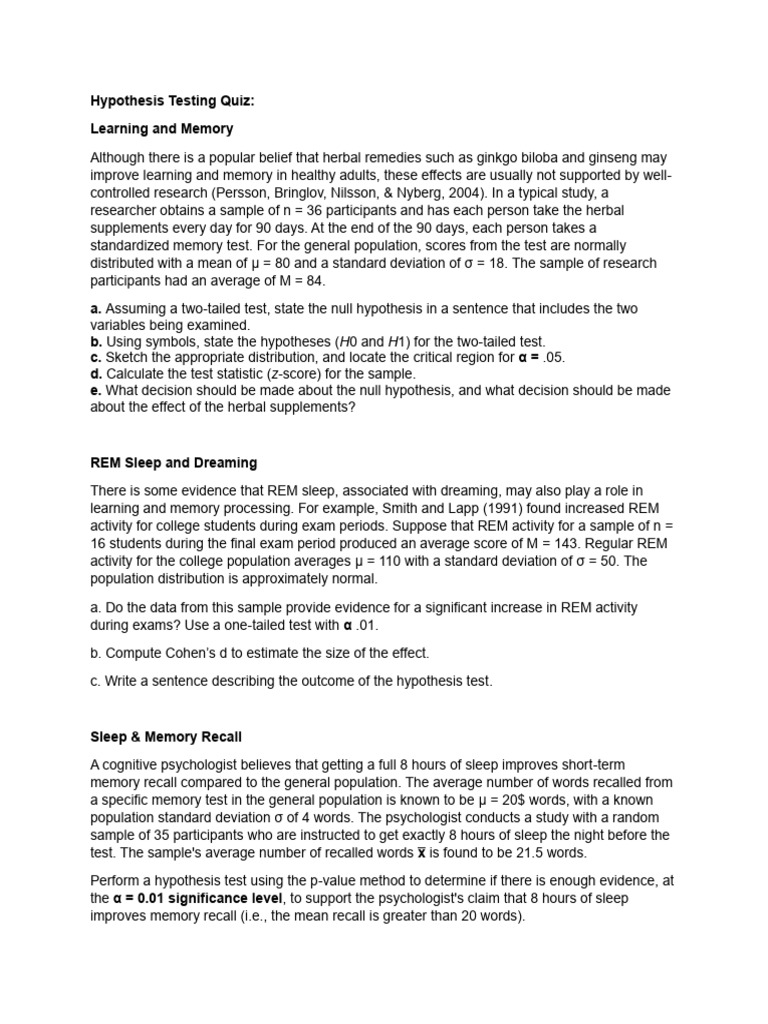 Hypothesis Testing Quiz | PDF | Recall (Memory) | Effect Size