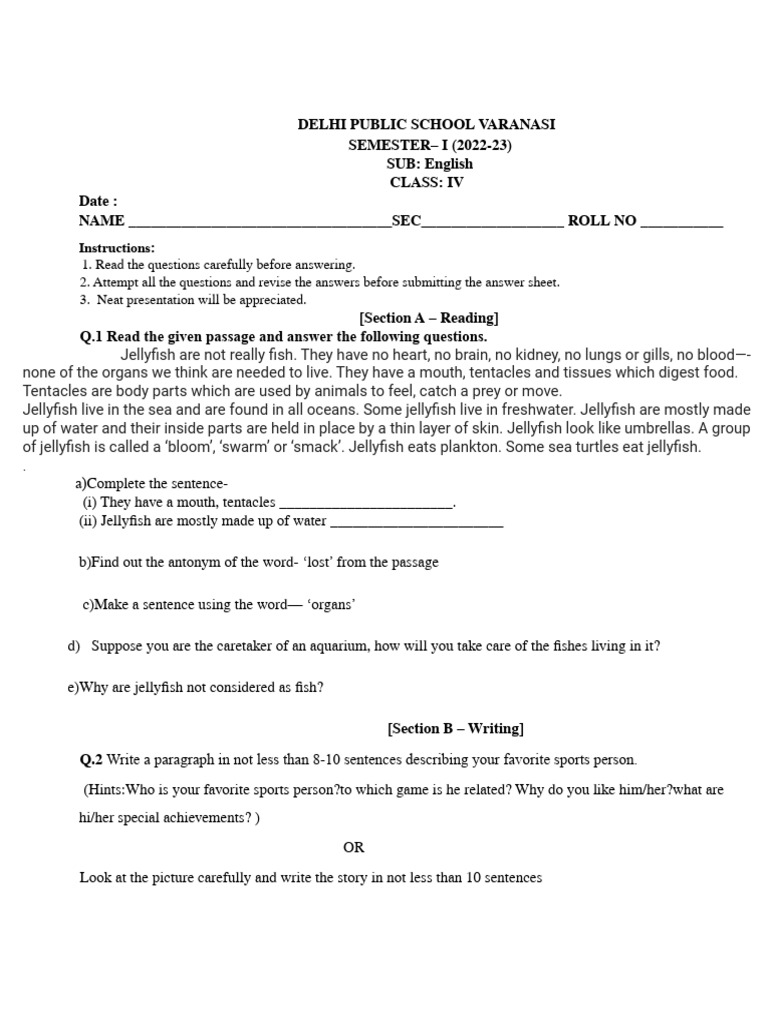 Class 4 Model Paper 22-23 | PDF | Grammatical Gender | Linguistic ...
