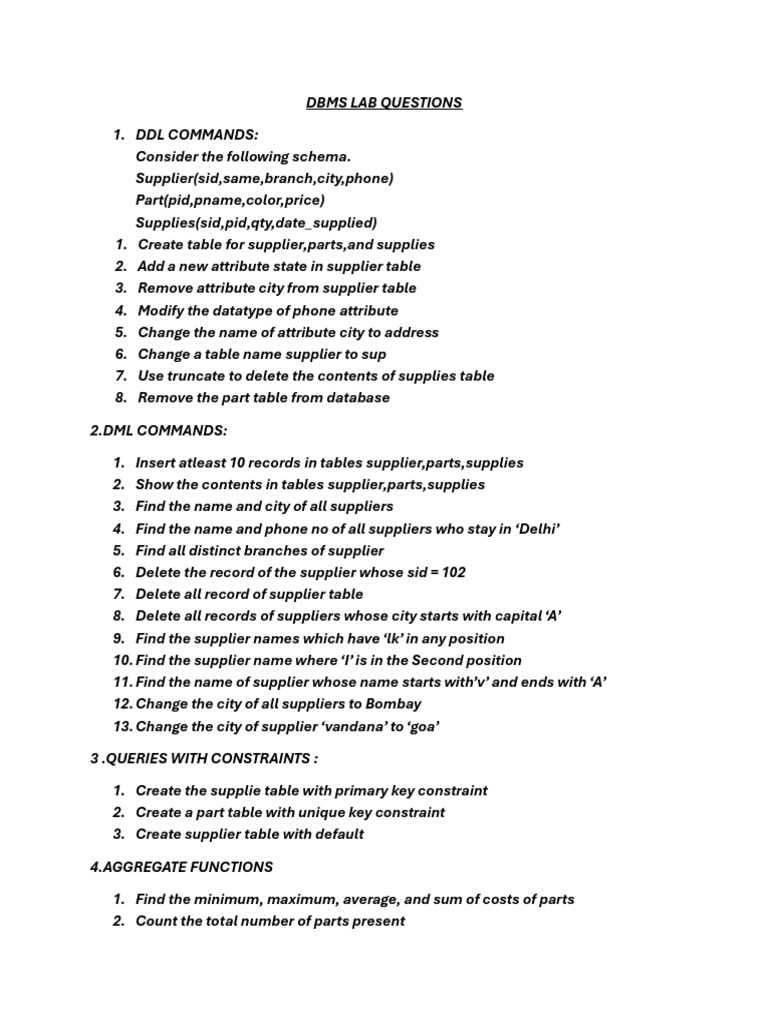 Dbms Lab Questions | PDF | Sql | Information Science