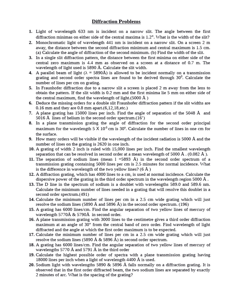 Diffraction Problems | PDF | Diffraction | Wavelength