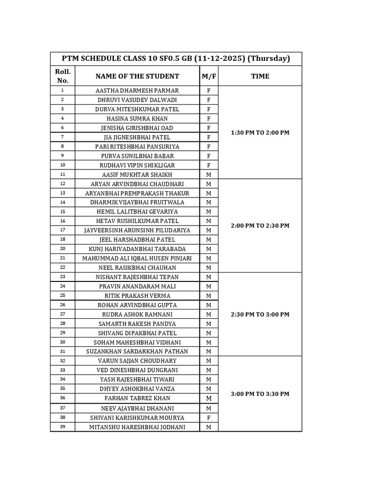 Class 10 PTM Schedule for 2025 | PDF