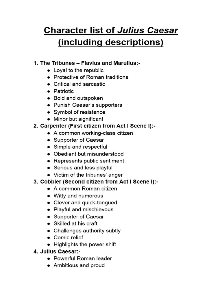 Character List of Julius Caesar by William Shakespeare (Including ...