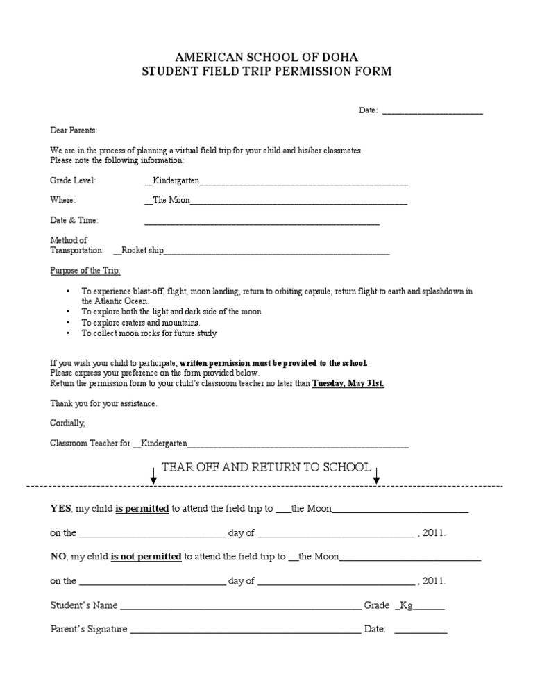 Moon Field Trip Permission Slip | PDF | Career & Growth | Science ...