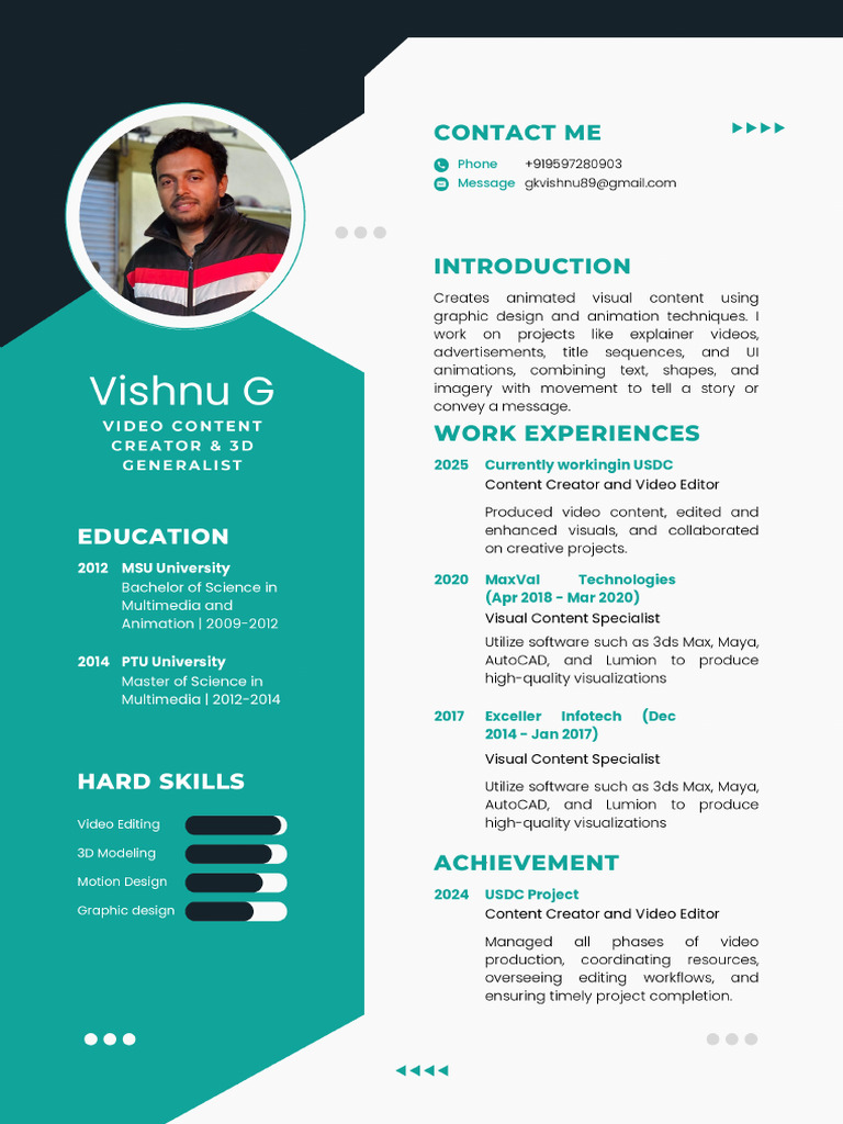 3D Generalist & Video Content Creator (Resume) - Vishnu G | PDF