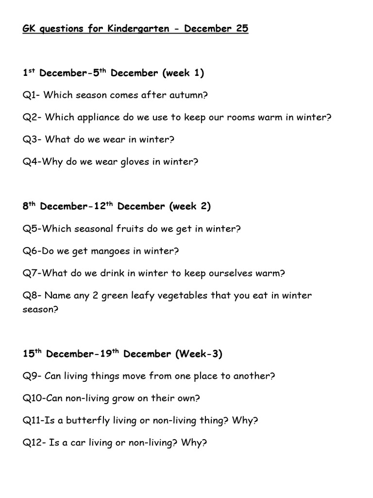 GK Questions For Kindergarten - December 25 | PDF