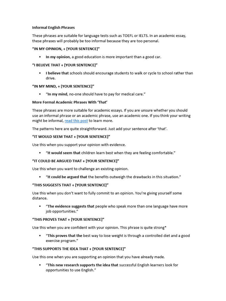 Informal vs. Formal Opinion Phrases | PDF | Adjective | Learning