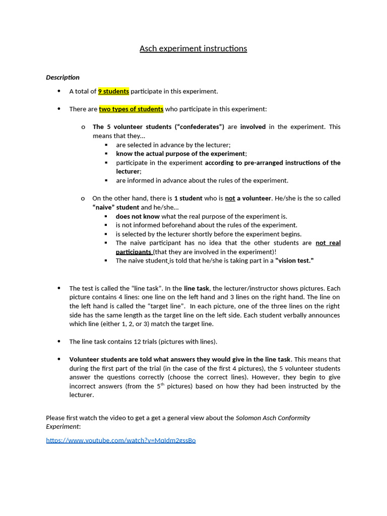 Asch experiment instructions | PDF