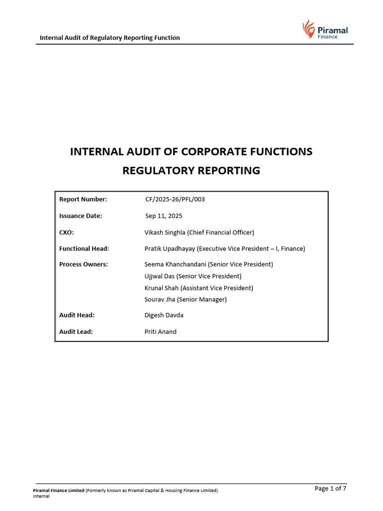 PFL_Corporate Functions Internal Audit Report - Regulatory Reporting ...