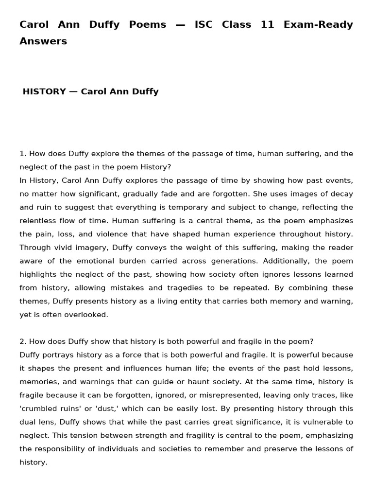 Carol Ann Duffy Exam Answers | PDF | Poetry | Memory