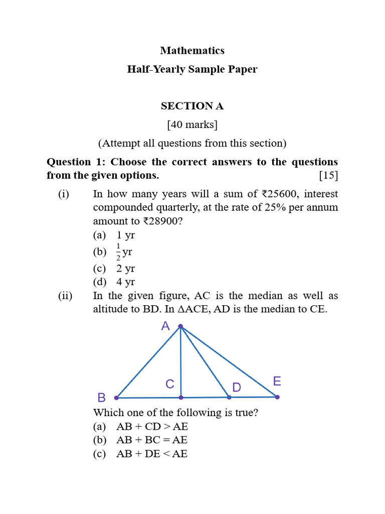 Mathematics Half-Yearly Practice Question Paper For Class IX ICSE Board | PDF | Mathematics