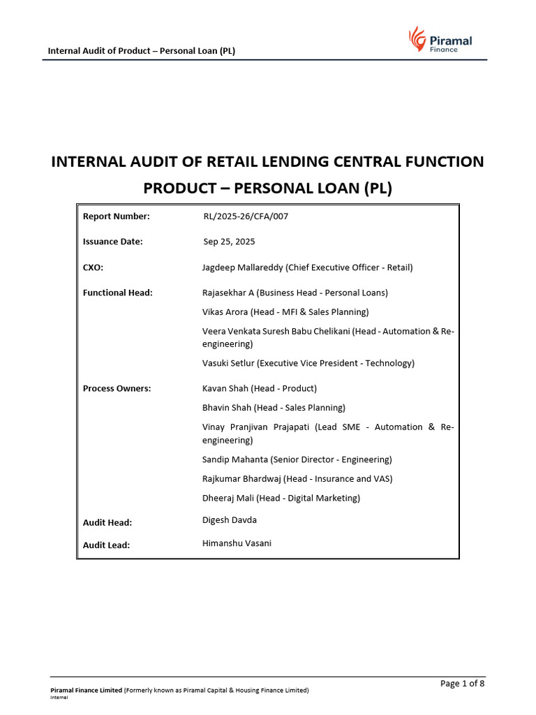PFL Retail Lending Audit Report - Product - Personal Loan Audit_Final ...