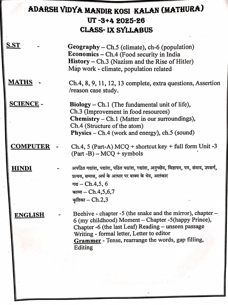 9th Class Syllabus | PDF