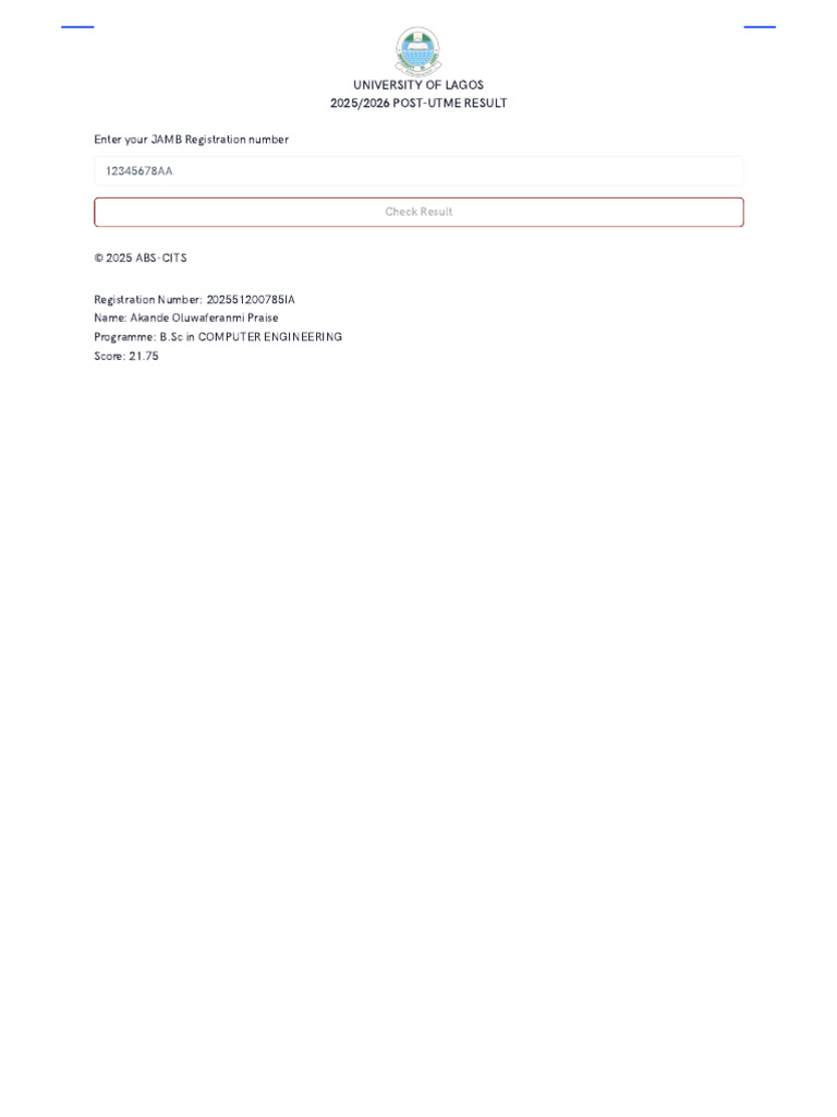 UNILAG 2025/2026 Post-UTME Results | PDF