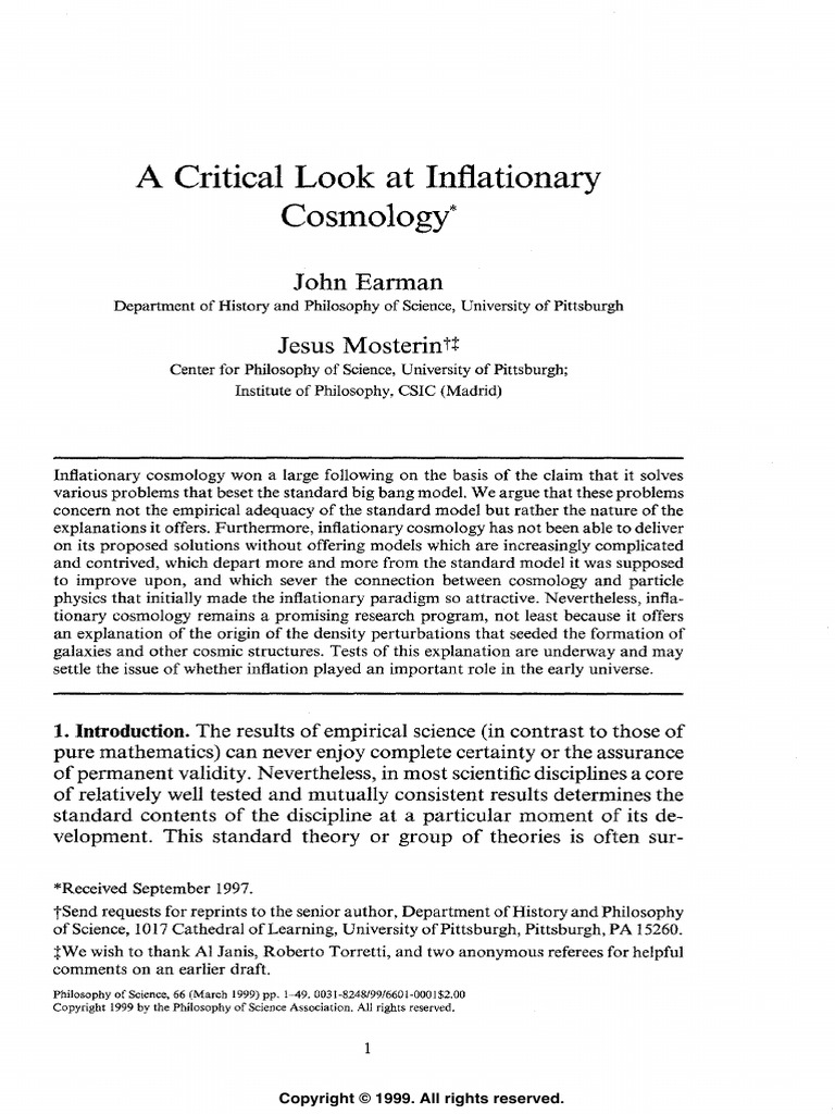 .Earman Mosterín Inflationary Cosmology | PDF