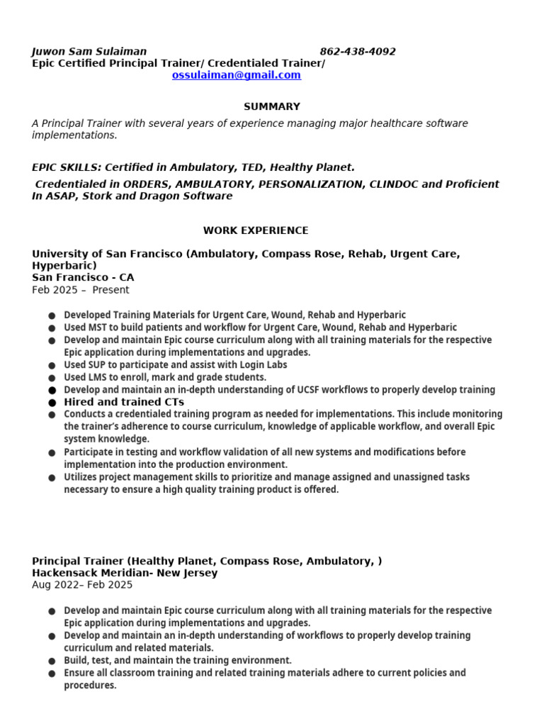 Sam Sulaiman Epic Resume 2025 | PDF | Patient | Hospital