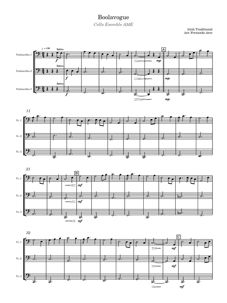 Boolavogue Cello Esemble | PDF | Baroque Music | Musical Instruments