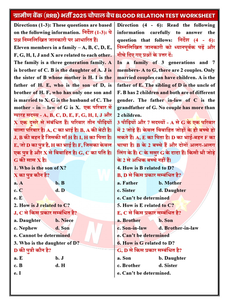 RRB) 2025 Blood Relation Test Worksheet | PDF