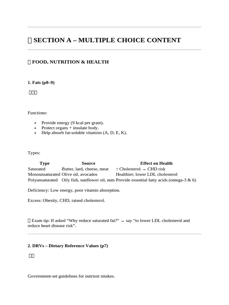 Section A - Multiple Choice Content: Food, Nutrition & Health | PDF