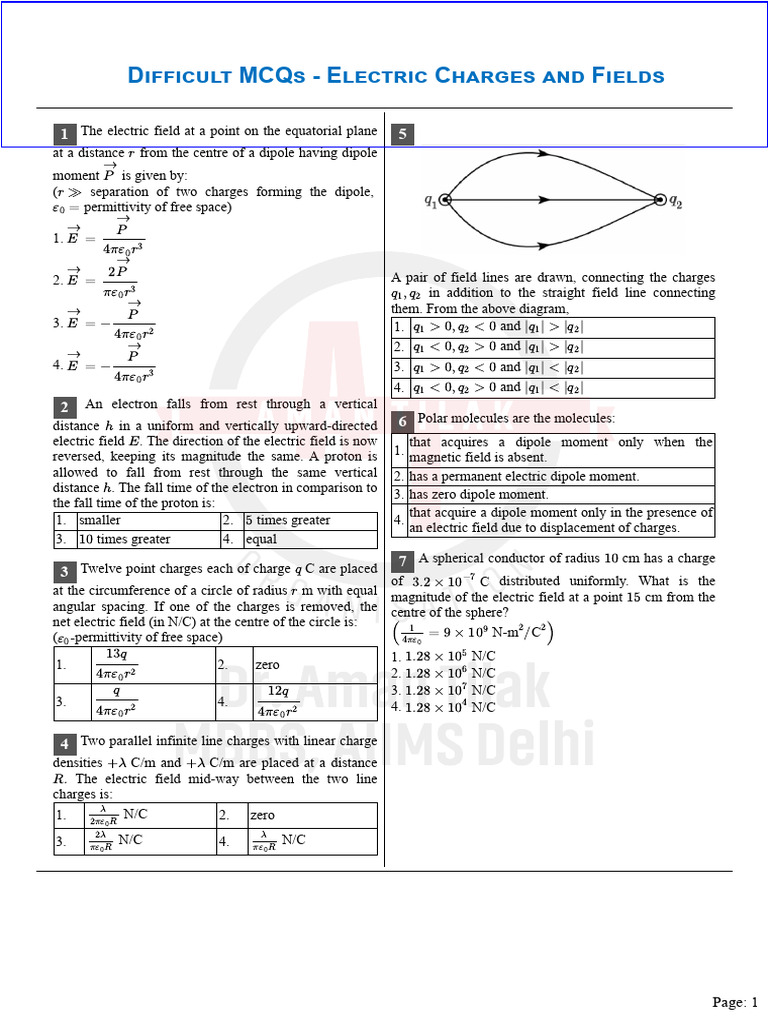 Electric Field Concepts and MCQs | PDF | Physical Quantities | Physical ...