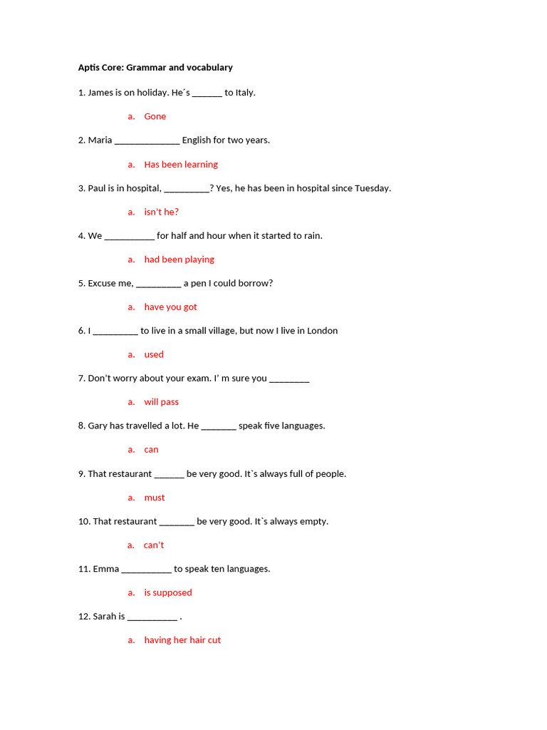 APTIS CORE GRAMMAR AND VOCABULARY OCTOBER 2020 KEY | PDF | Linguistics