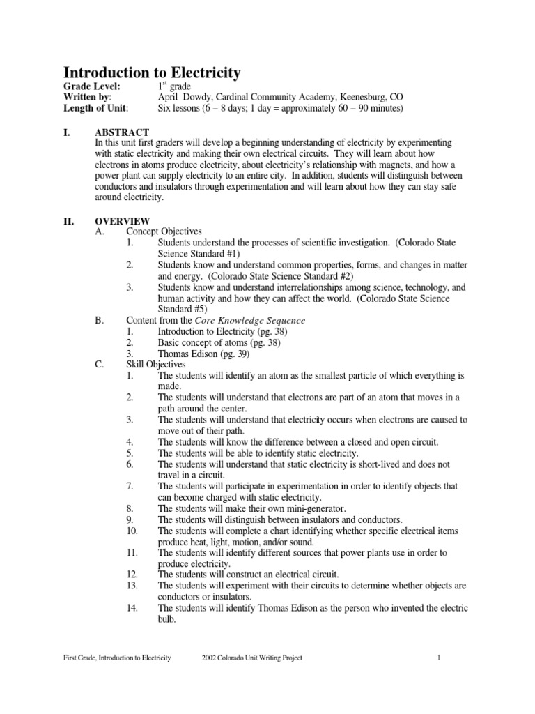 Introduction To Electricity: Grade Level: Written By: Length of Unit | PDF