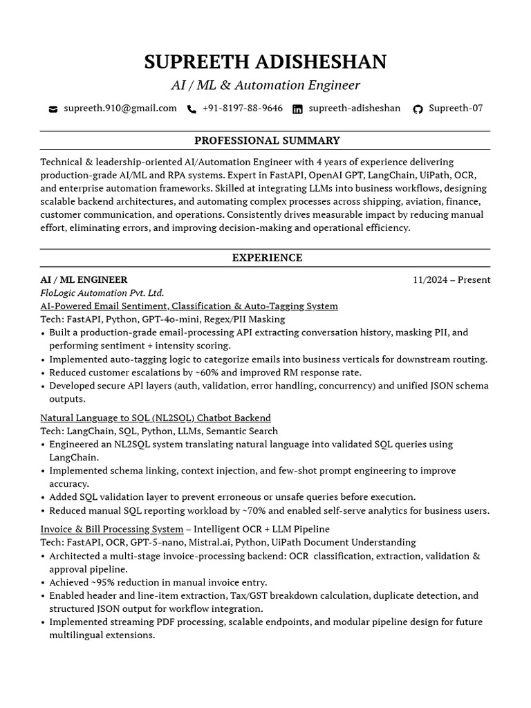 Supreeth Adisheshan Ai ML Automation 4yrs | PDF | Artificial ...