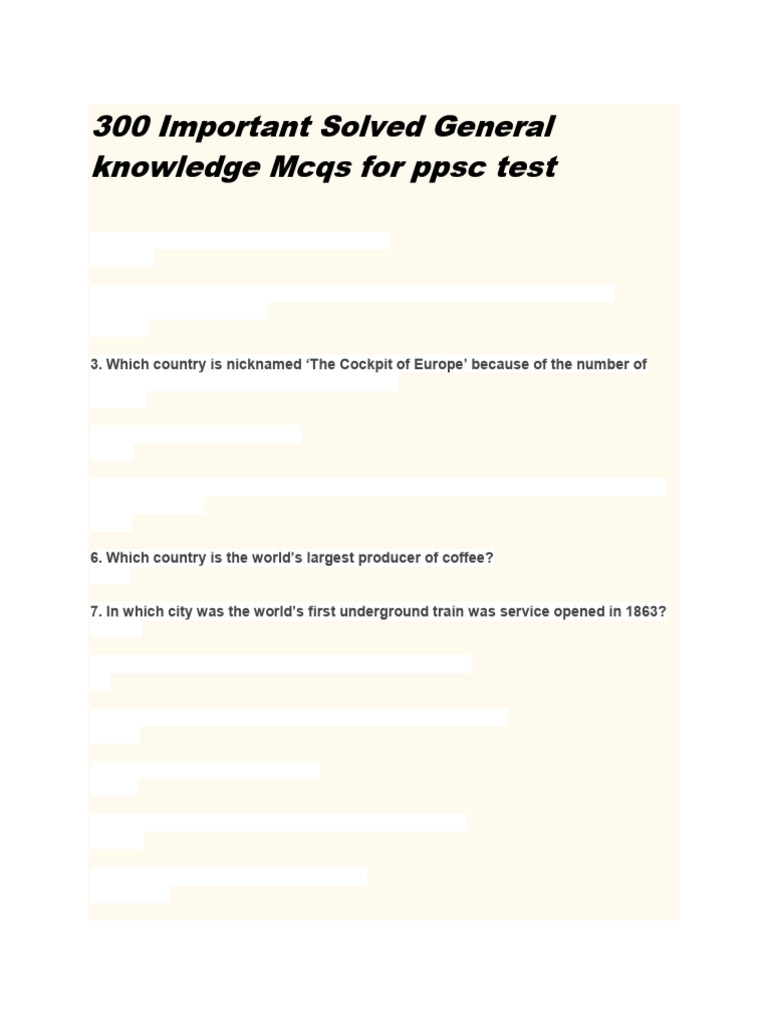300 General Knowledge MCQs for PPSC | PDF