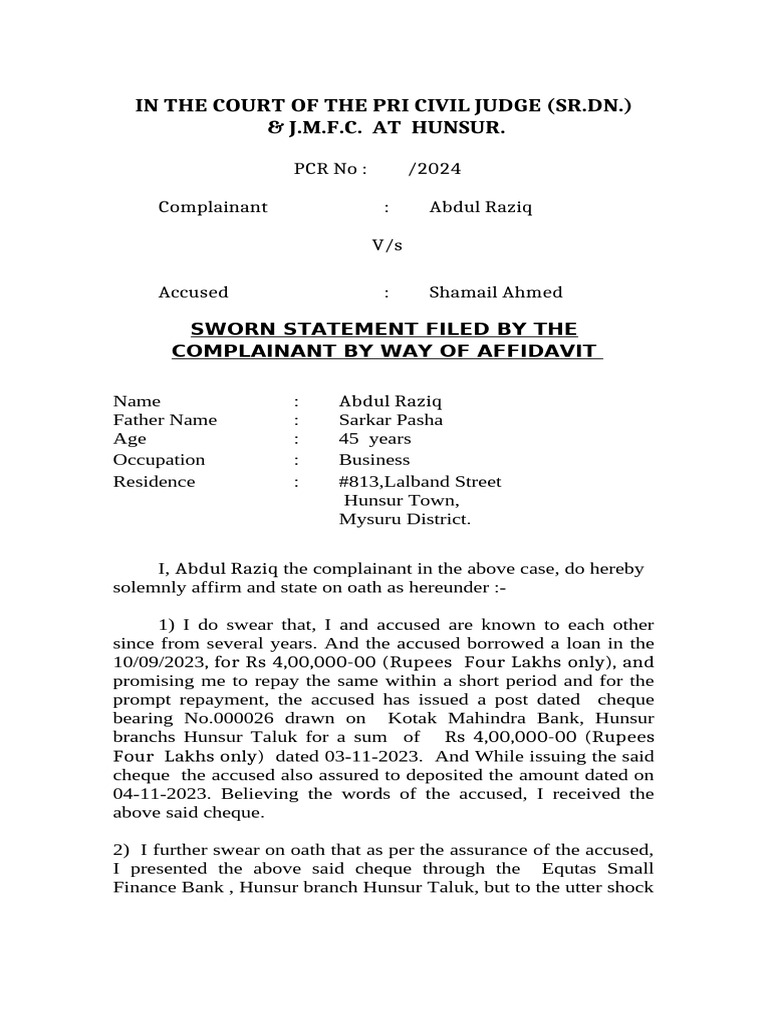 Affidavit of Loan Default Cases in Hunsur | PDF | Affidavit | Oath