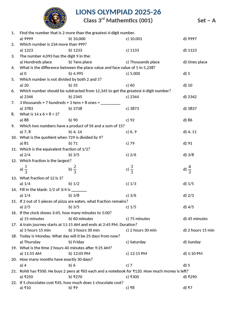 3rd Maths. Lions Olympiad Question Paper | PDF | Length | Mathematics