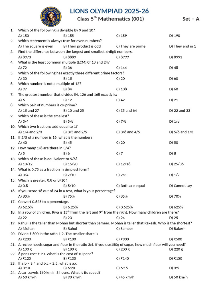 5th Maths. Lions Olympiad Question Paper | PDF | Number Theory ...