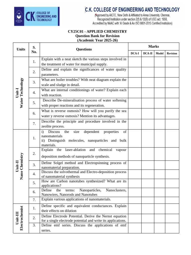 Question Bank - CY25C01, Applied Chemistry | PDF | Nanomaterials ...