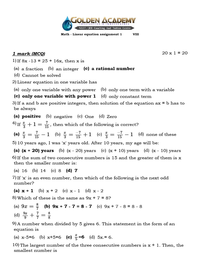 G8 Linear equation assignment 1 | PDF | Mathematics | Discrete Mathematics