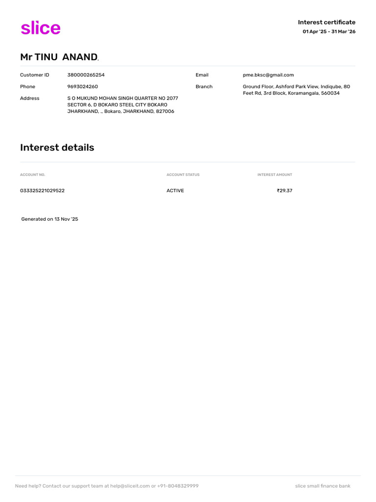 Slice Bank Savings Interest Certificate FY 25 26 | PDF