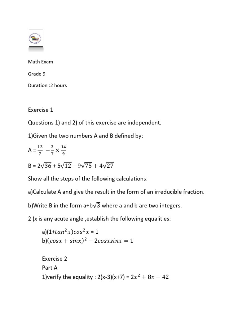 Grade 9 Math Exam Exercises and Solutions | PDF | Perpendicular | Triangle