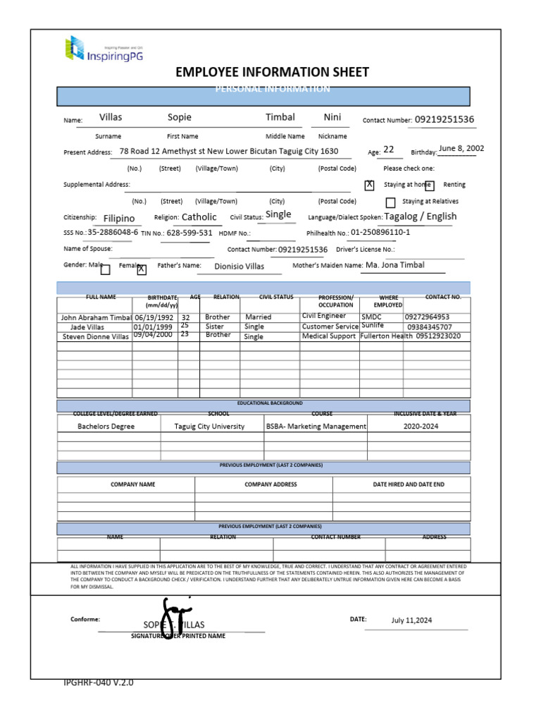 Employee Information Sheet Ipg-hrf 040 v.2.0.PDF 20240711 211928 0000 | PDF