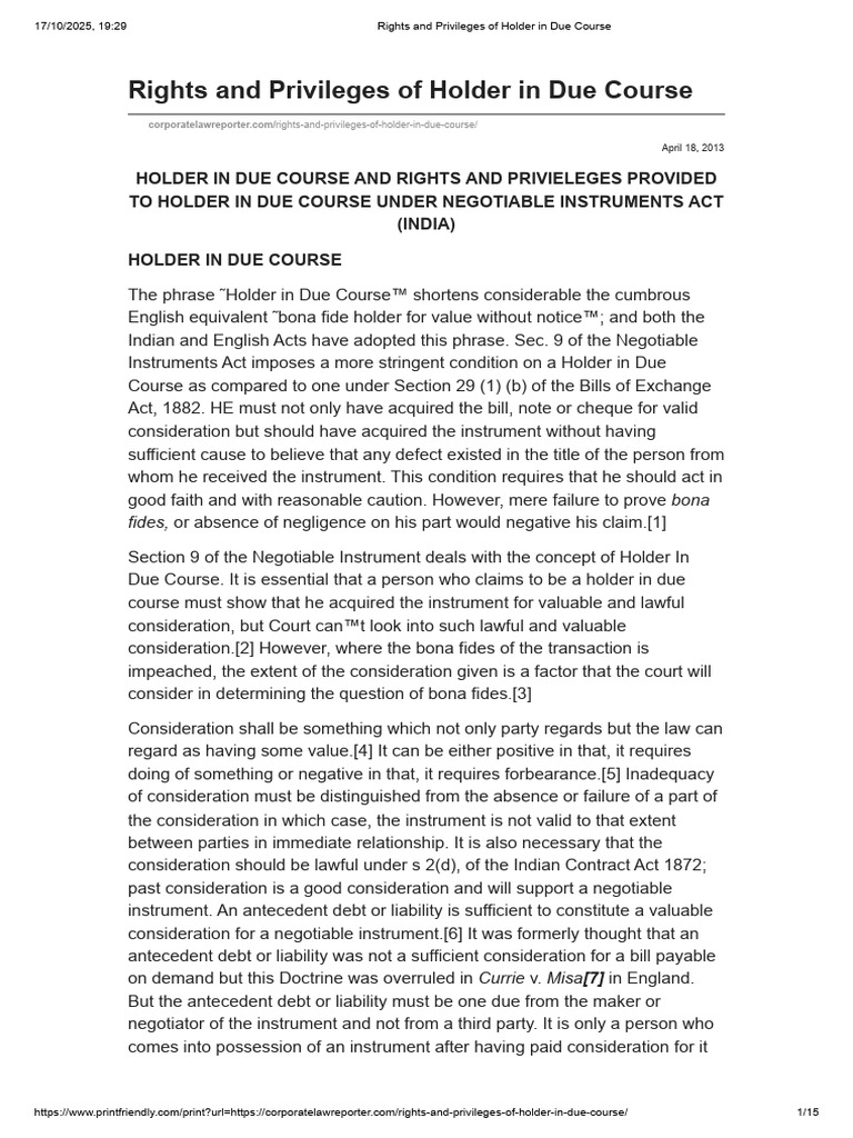Rights and Privileges of Holder in Due Course | PDF | Negotiable ...