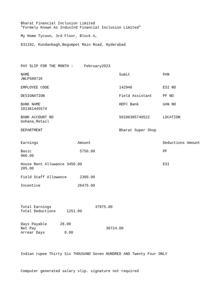 February 2023 Salary Slip for Sumit | PDF
